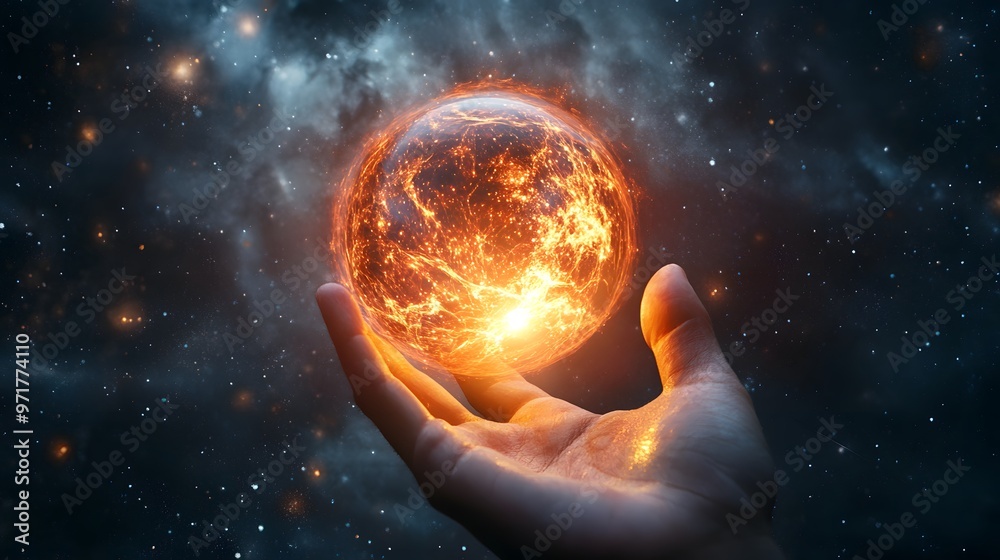 Hand Holding a Cosmic Orb: A hand holding a glowing, energy-filled orb ...