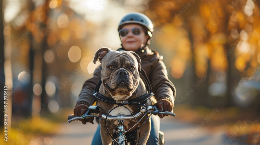 Generate a high-resolution image of pet owners and their pets riding ...
