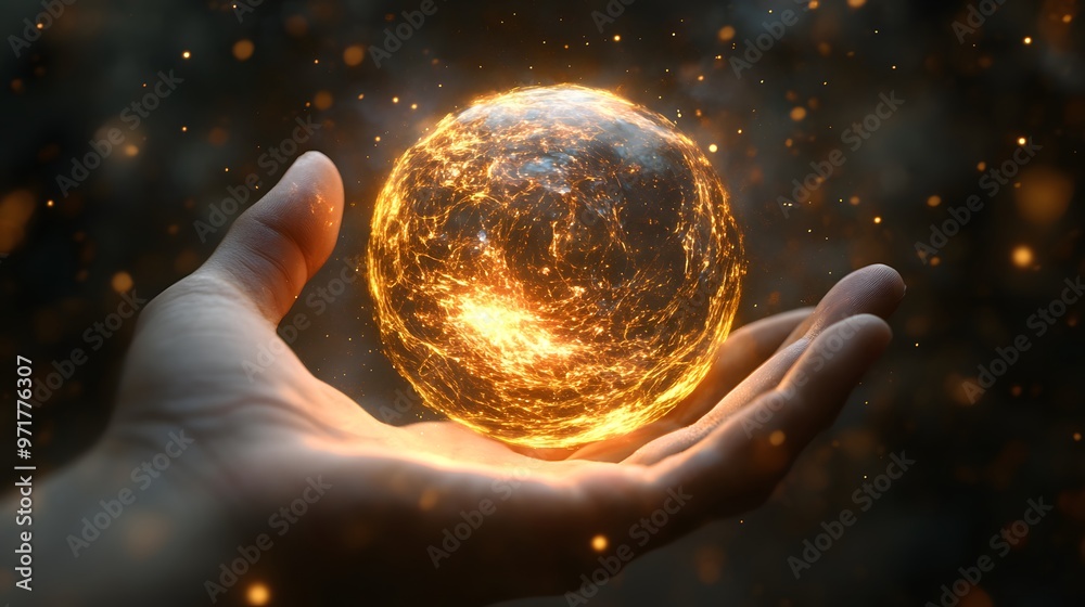 Hand Holding a Cosmic Orb: A hand holding a glowing, energy-filled orb ...