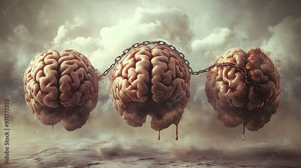 Three brains chained together in a surreal, dark, and abstract concept ...