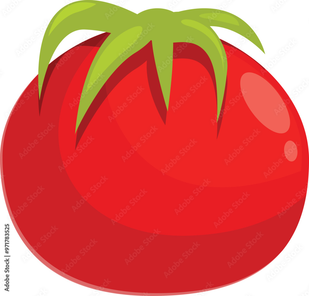 Cartoon illustration of a red tomato with a green sepal still attached ...