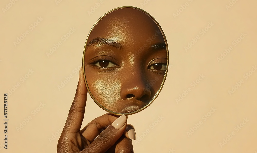 A black woman's hand holding an oval mirror, reflecting her dark skin ...