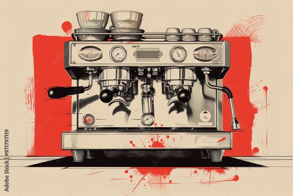 Silkscreen print featuring a modern coffee machine and advanced brewing ...