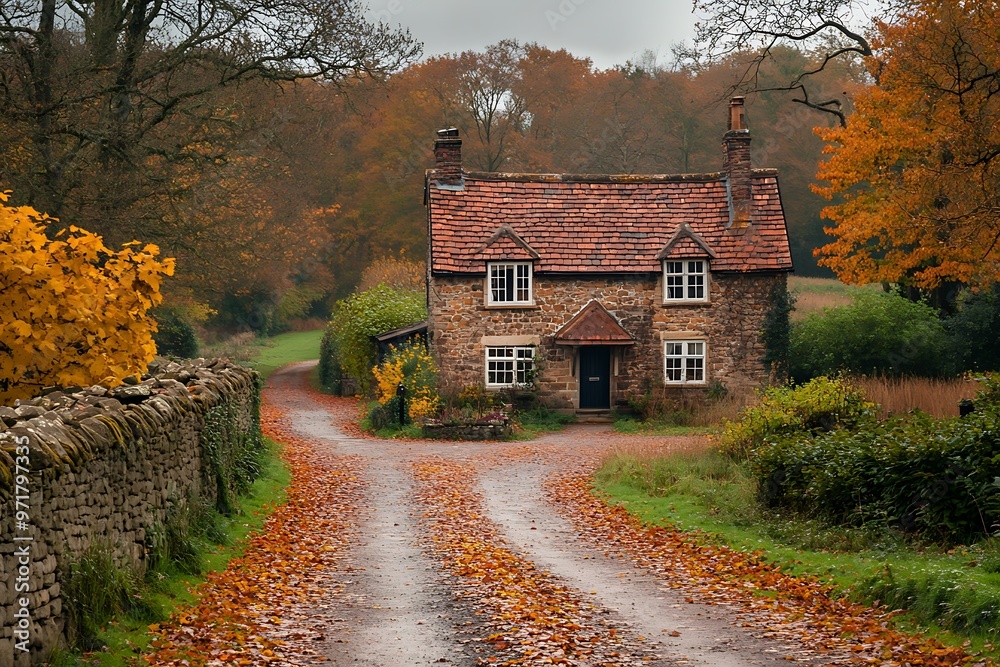 Stone cottage in the countryside with fall foliage. Autumn scene with ...
