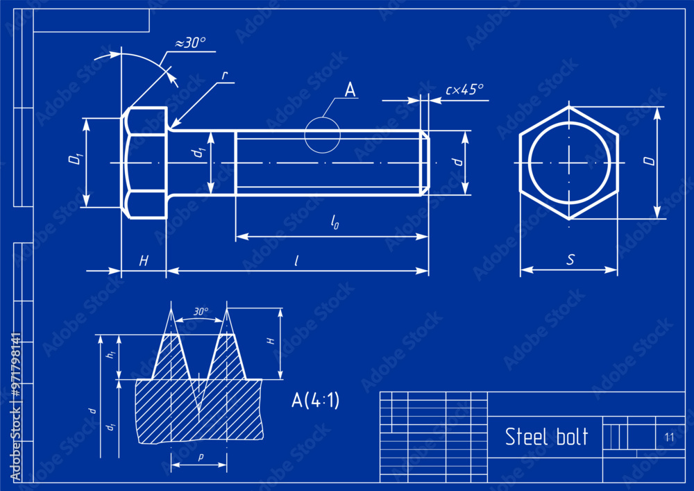 Vector engineering cad drawing of a mechanical part (steel bolt) with ...