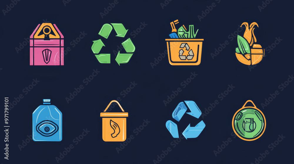 "Set of recycling icons with editable, colorful fill. Includes recycle ...