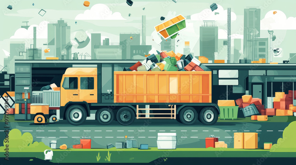 "Waste segregation vector set including a recycling factory ...