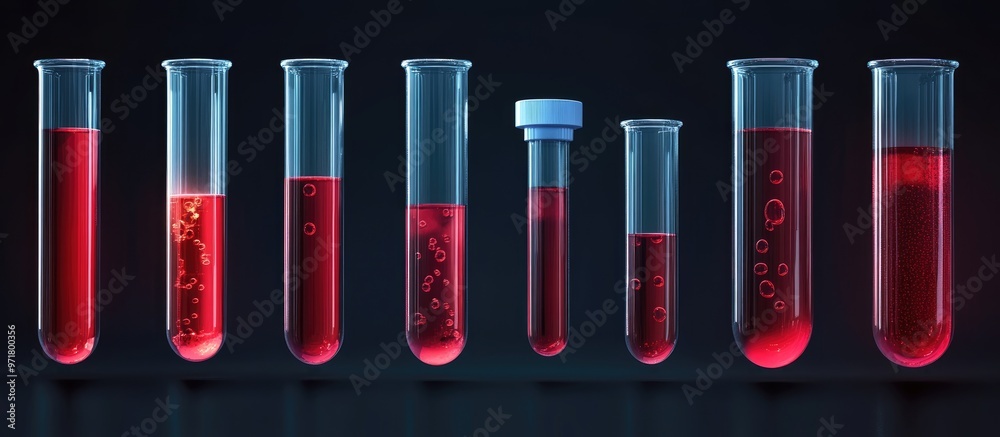 Collection of glass medical test tubes some empty others filled with ...