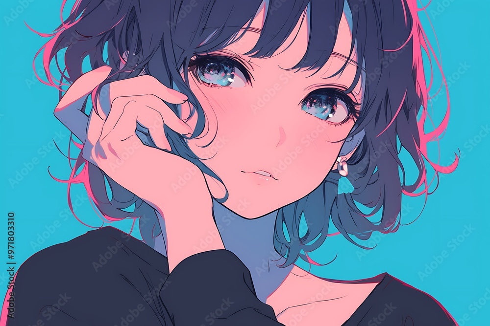 Anime girl with short blue hair crying, blue background Stock ...