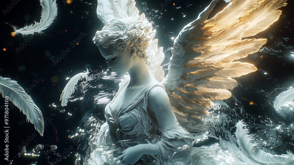 White background, stone statues of goddesses, angels, Athena, beautiful ...