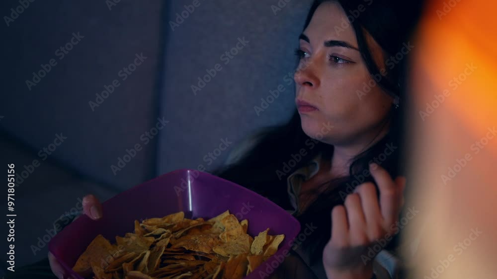 Lazy young adult lady is lying on the sofa with bowl of nachos and ...