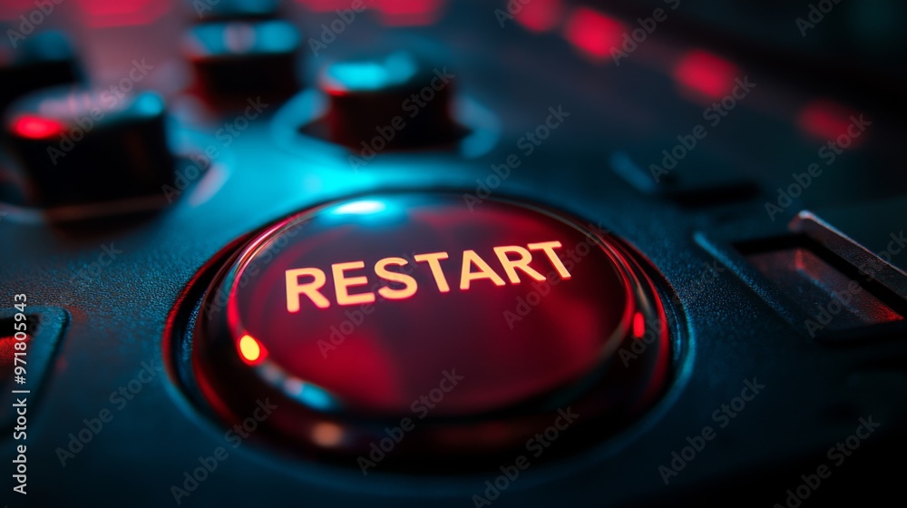 This image depicts a close-up view of a glowing restart button on an ...