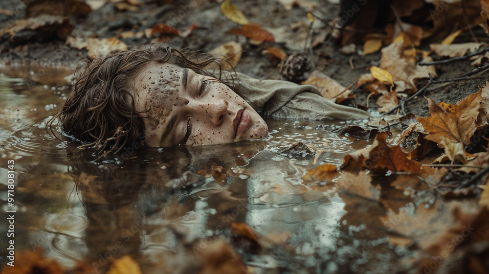Chilling crime scene portrait in murky waters. Victim's face emerges ...