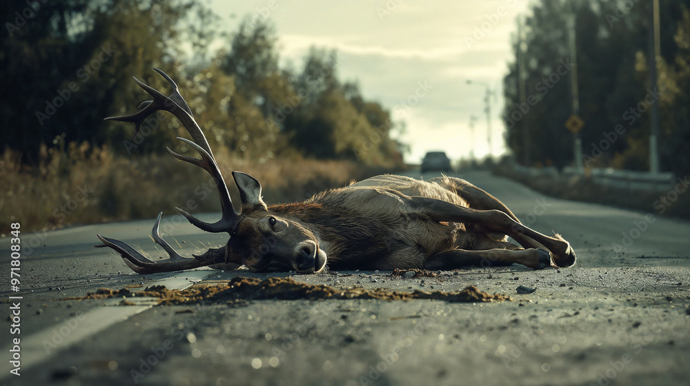 Tragic scene of deer roadkill on rural highway. Fallen animal with ...