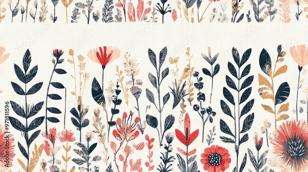 Poster Affiche Modern boho geometric floral quilt style seamless border pattern featuring a sha 40x22.2 cm