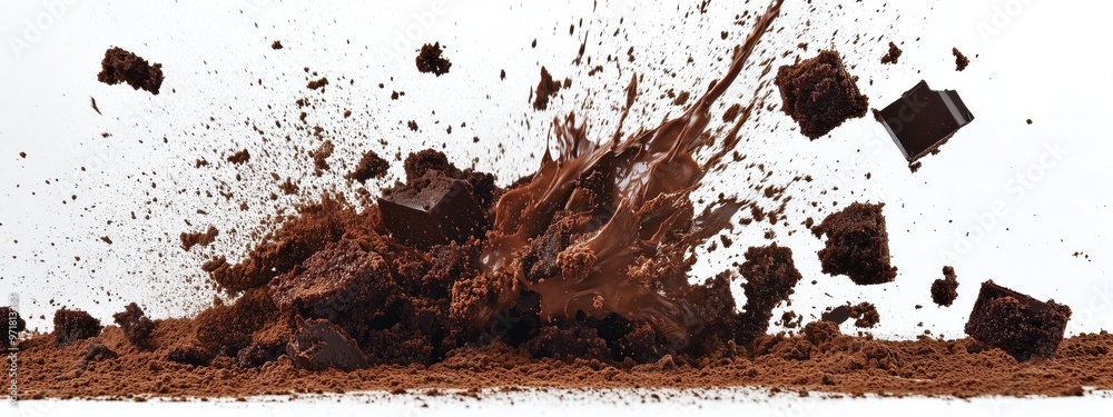 Background chocolate cocoa powder black splash brown food explosion fly ...