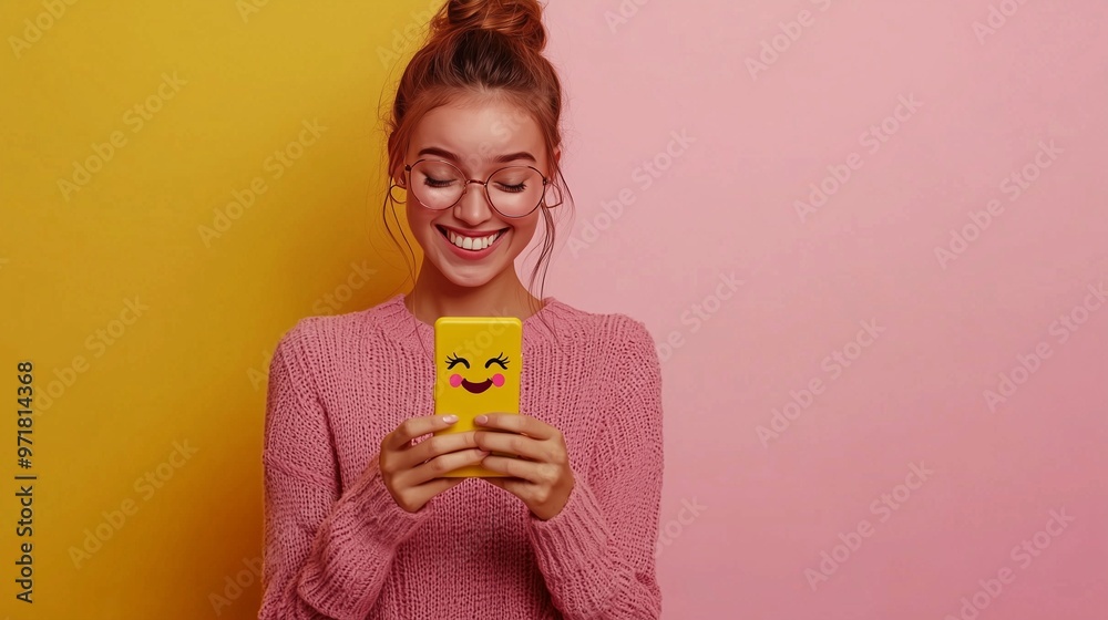 A beautiful young woman blogger vlogger or influencer is receiving ...