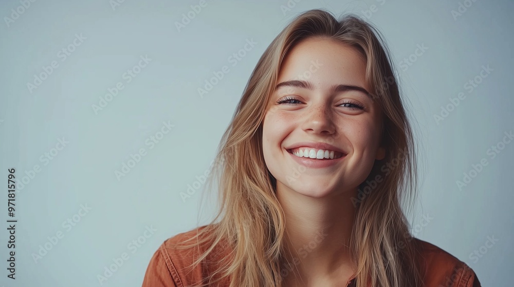 Pretty smiling joyfully female with fair hair dressed casually looking ...