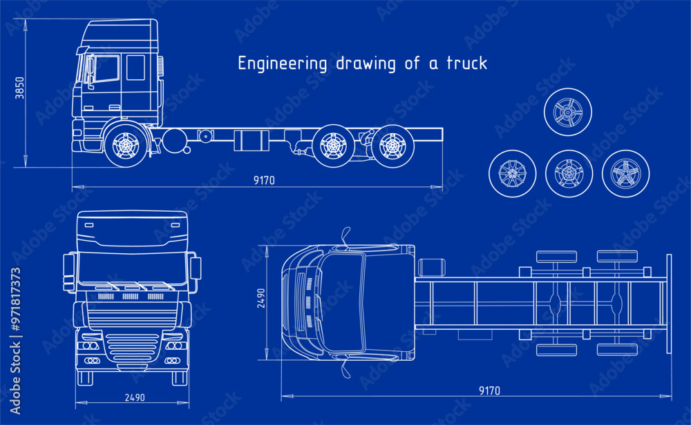 Vector engineering drawing of truck with trailer with dimensional lines ...