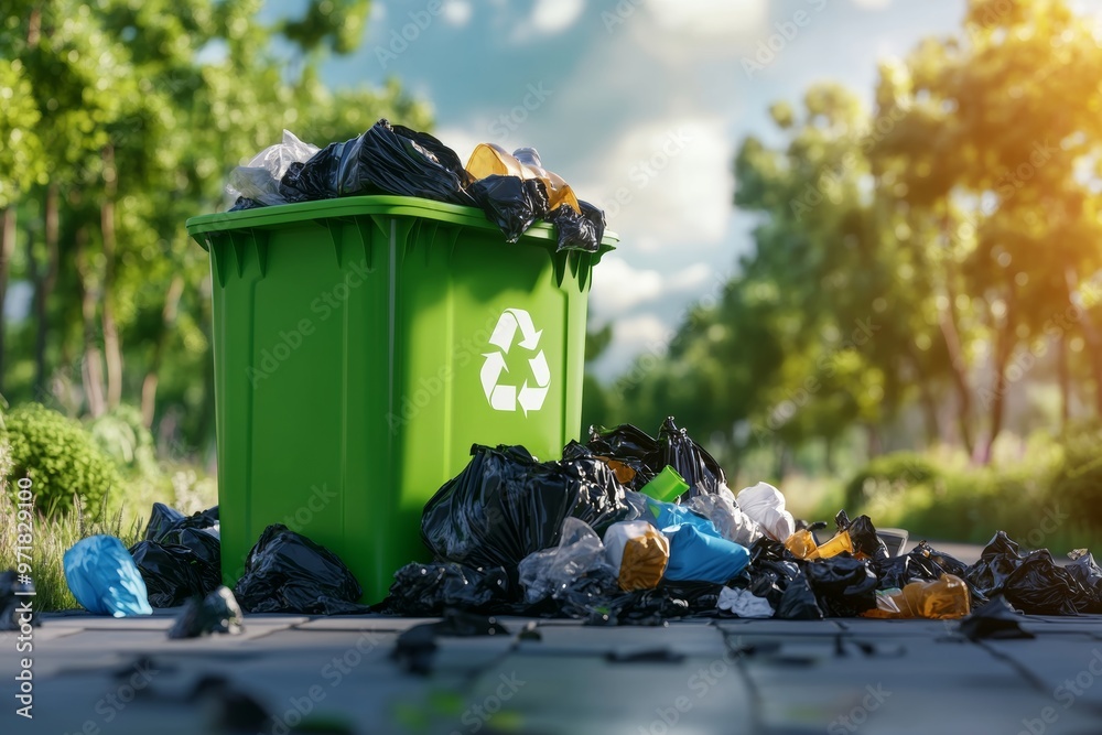 Overfilled Recycling Bin: A green recycling bin overflowing with ...
