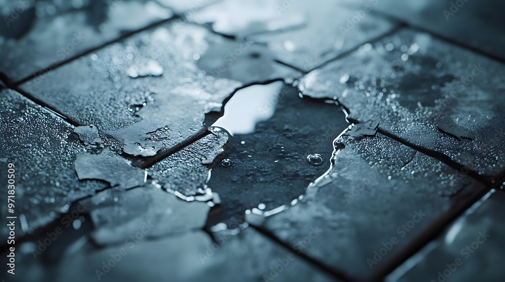 Close-up of water bubbling between cracked floor tiles, realistic style ...