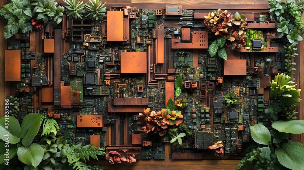 Copper circuits blending into wooden patterns, surrounded by vibrant ...