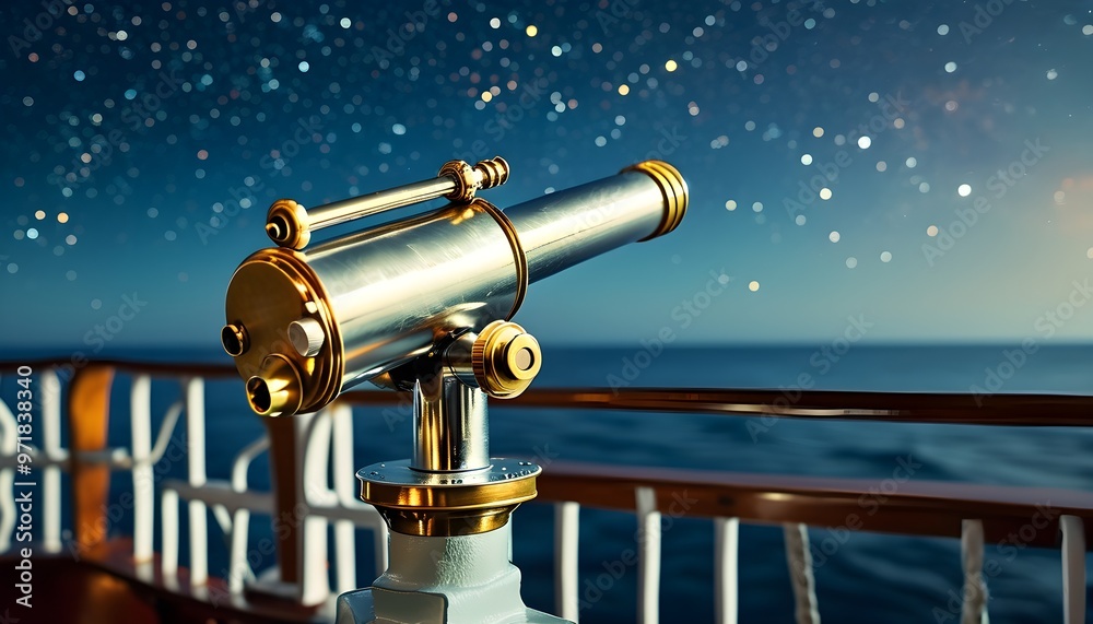 Exploring the Stars: Brass Telescope on Ship Deck Under a Starry Night ...
