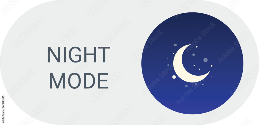 Night mode user interface button activating with a crescent moon and stars appearing on a blue ...