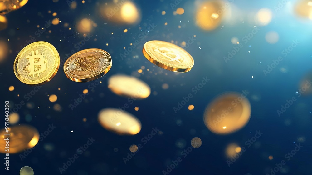 Floating gold coins with symbols of global currencies on a dark blue ...