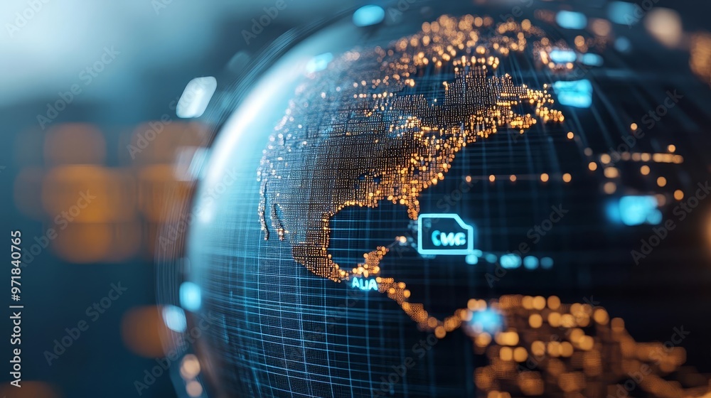 Digital globe with overlay of shipping routes and container icons ...