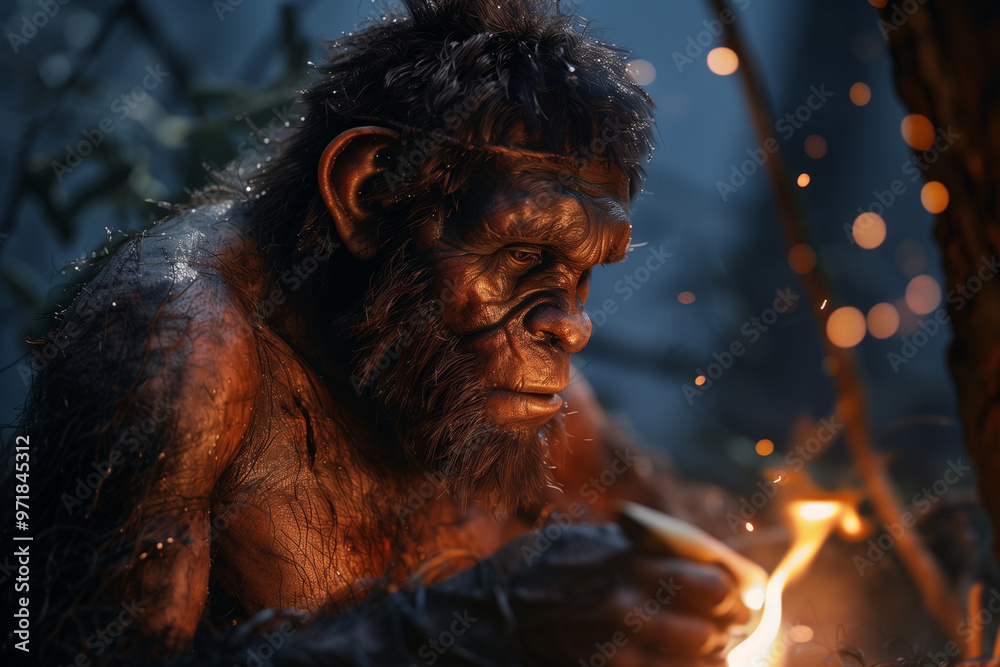 Homo Erectus shown in human evolution lighting a fire with early simian ...