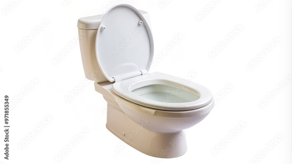 A toilet bowl sits on a clean white background, its lid open to reveal ...