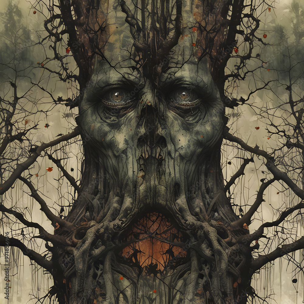 A very upset green man after a forest fire. A symmetrical design of ...
