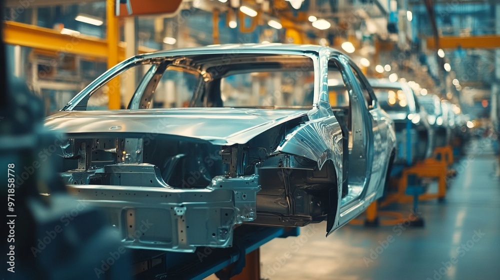 Gleaming car body on assembly line showcases automotive manufacturing ...