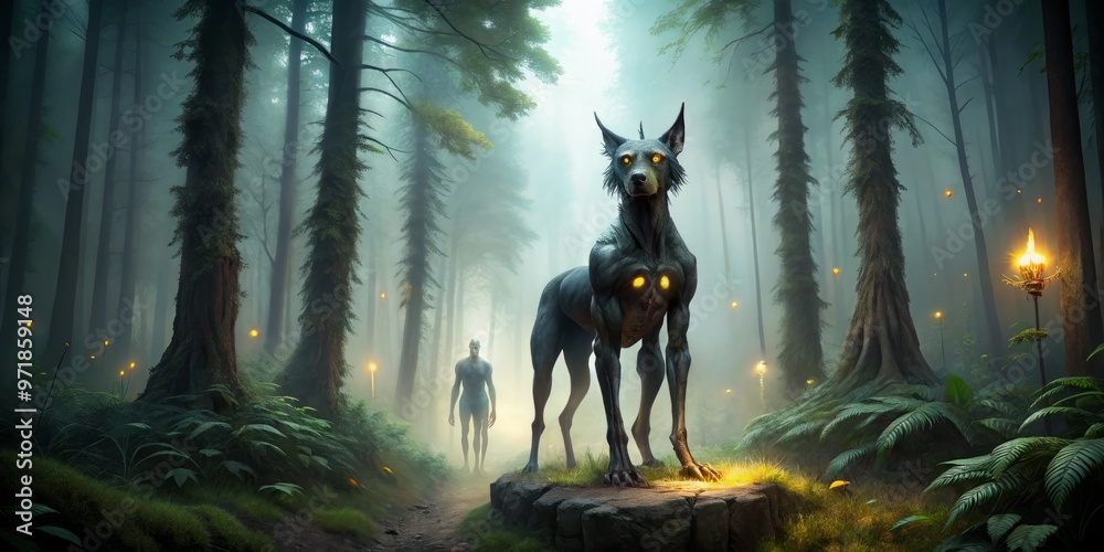 A mythical creature with a dog's body and human-like features stands ...