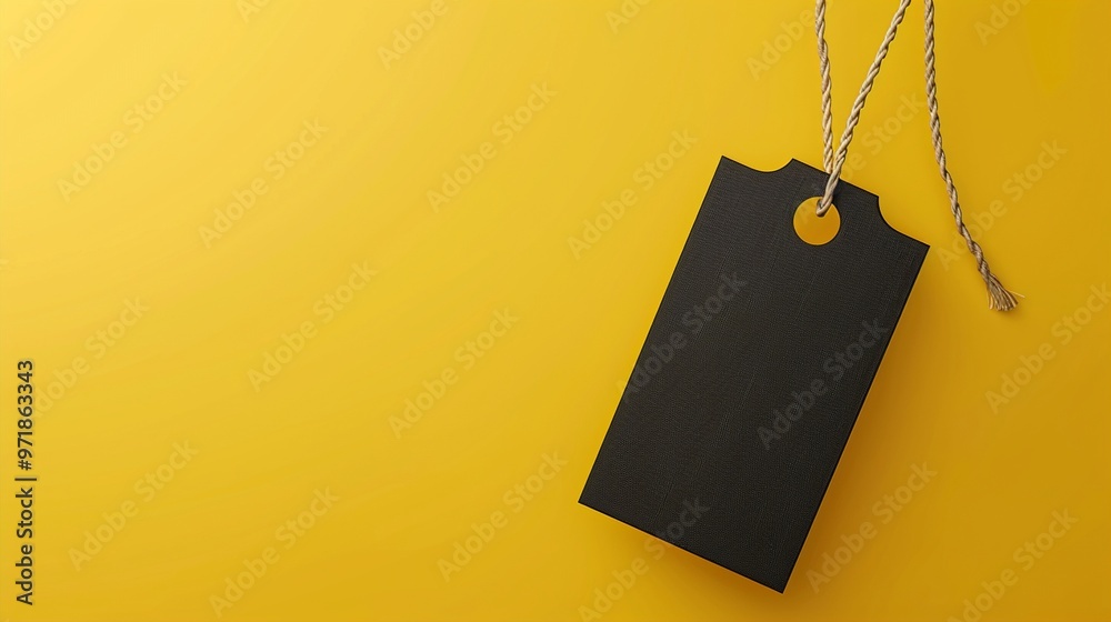 Minimalist black price tag hanging by twine against vibrant yellow ...