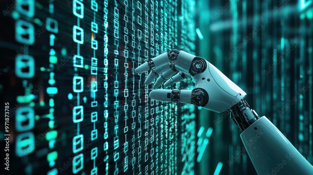 Visualizing big data and neural networks with a robot hand interacting with binary code in a ...