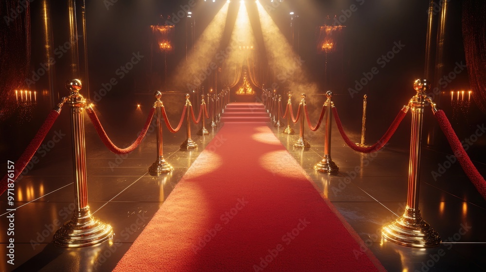 A grand, luxurious red carpet pathway illuminated by dramatic spotlight ...