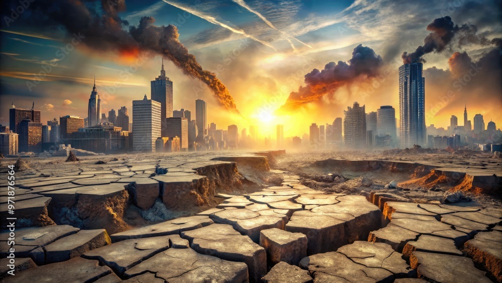 Cracked earth surface with fissures and fault lines, cityscape in the ...
