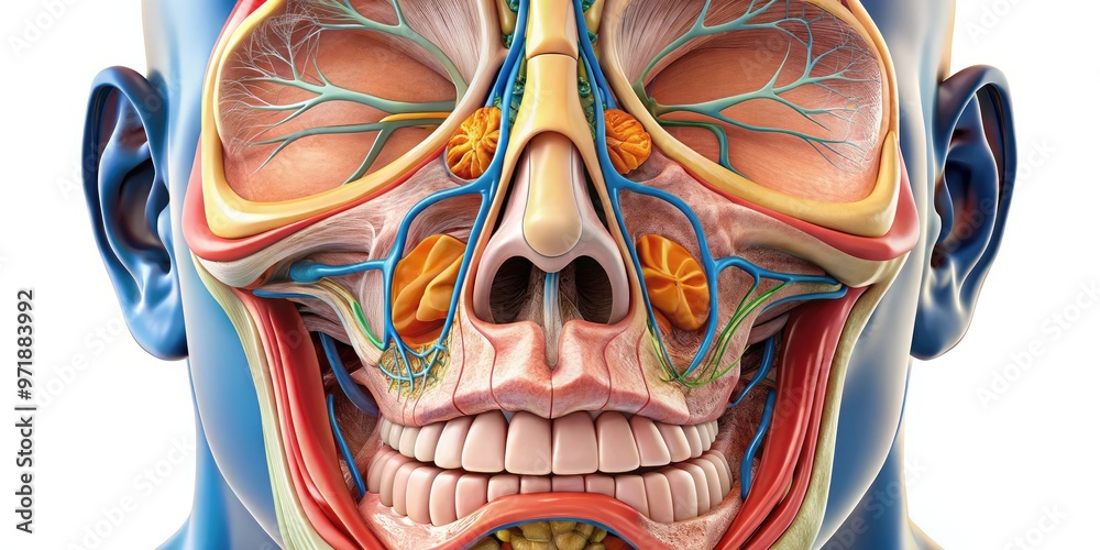 Detailed illustration of the human nasal cavity, showcasing internal ...