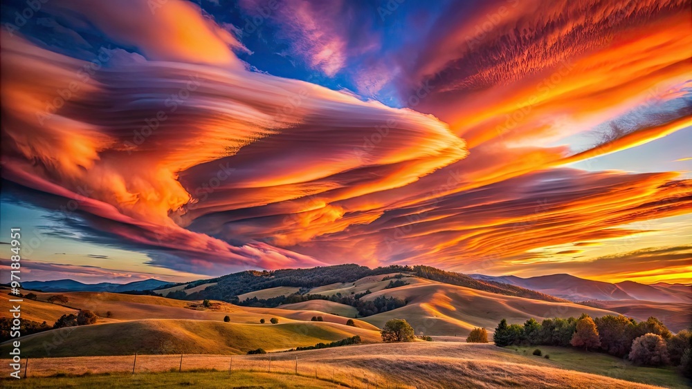 Dramatic morning sky features rare lenticular clouds with smooth, lens ...