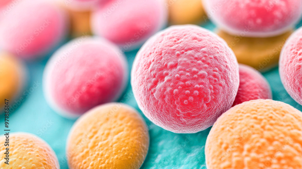 Colorful microscopic view of spherical cells, highlighting their ...