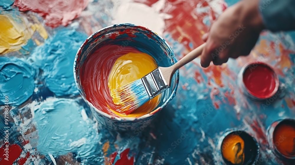 Mixing blending paint colors with the brush for painting walls in the ...