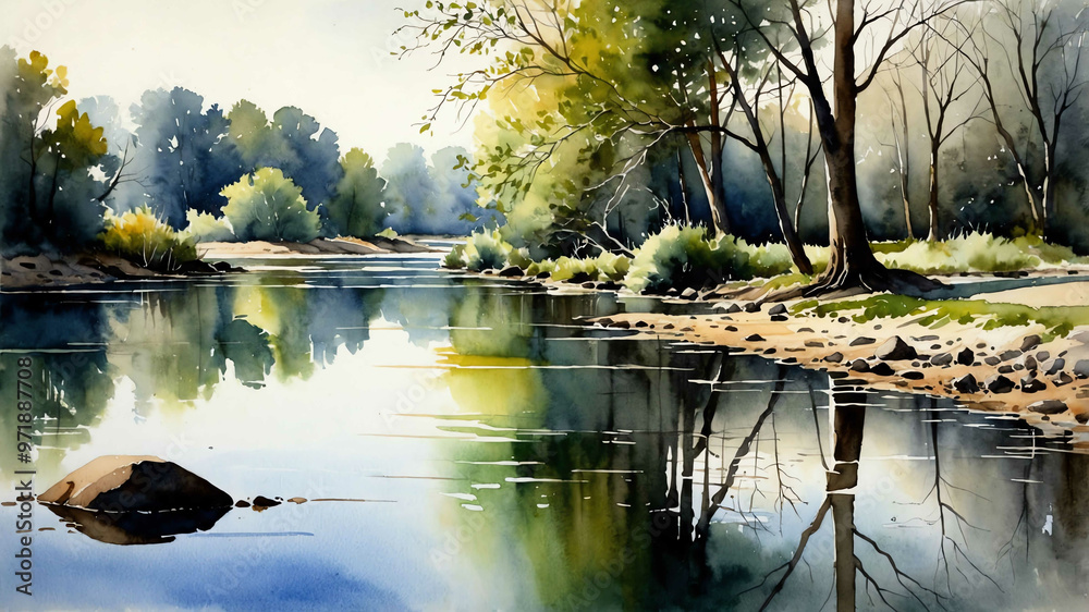 Quiet riverbank with dense trees in watercolor painting with soft ...