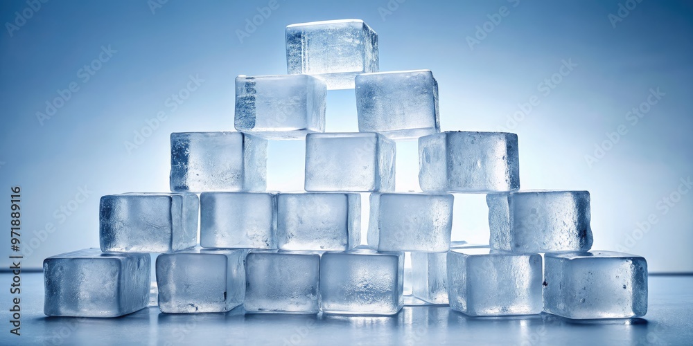 Frozen transparent ice bricks stacked on top of each other, illuminated ...