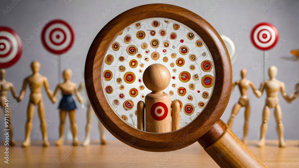 Magnifying Glass Focus on Target Icon with Human-Shaped Wooden Figures ...