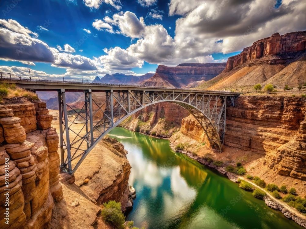 Historic steel arch bridge spans the Colorado River, surrounded by rust ...