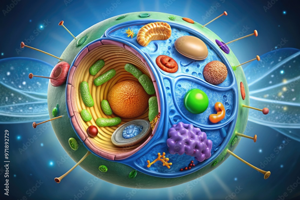Illustration of a labeled animal cell showing nucleus, mitochondria ...