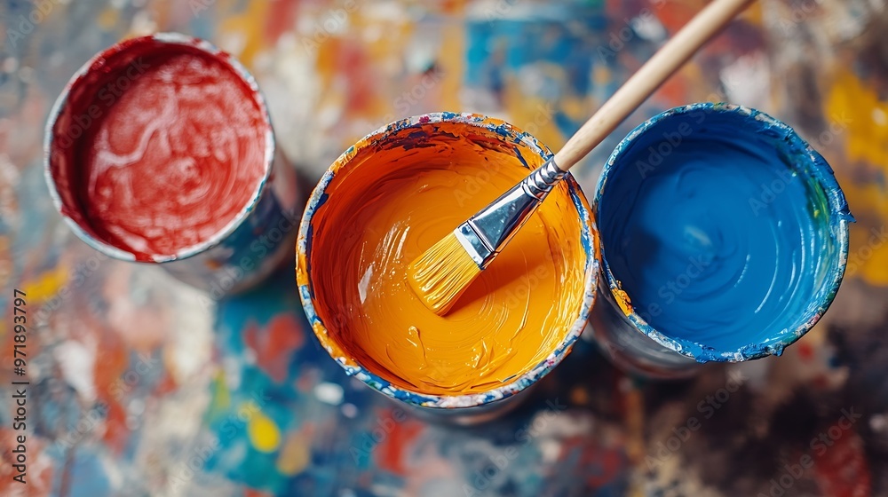 Mixing blending paint colors with the brush for painting walls in the ...