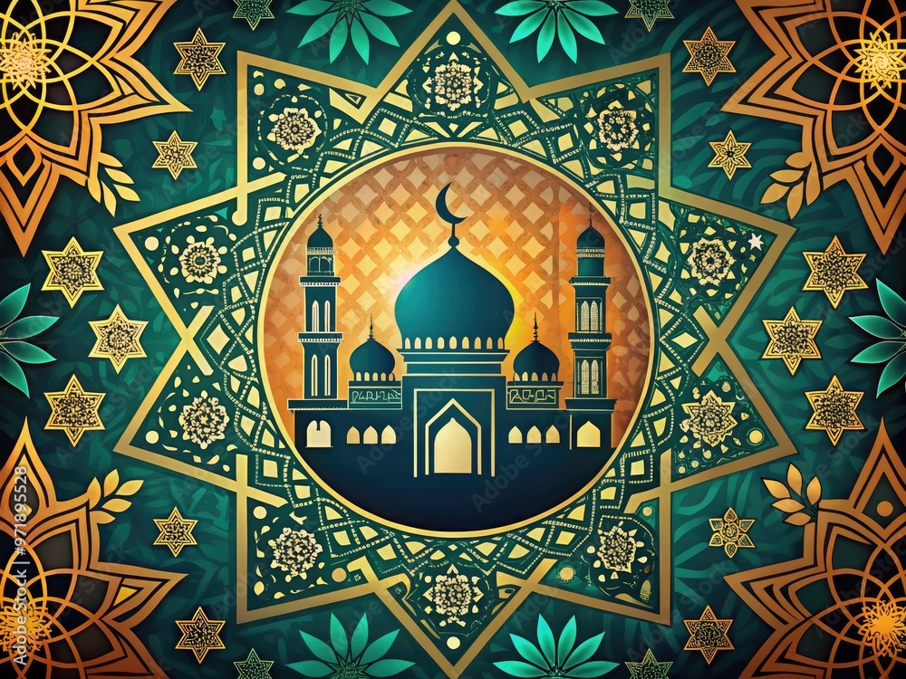 Intricately ornamented Arabic calligraphy surrounds a majestic mosque ...